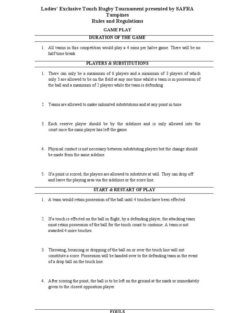 Touch Rugby Rules Regulations | PDF | Football Codes | Games Of ...