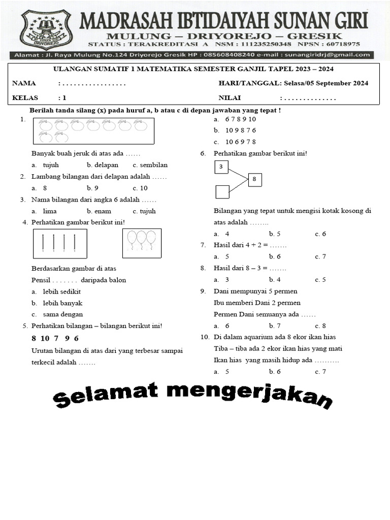 Soal Us MTK 1 | PDF