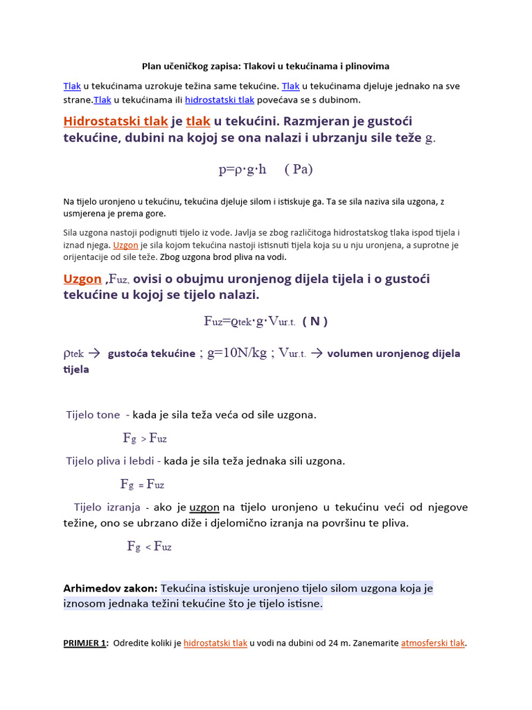 Plan Učeničkog Zapisa I Priprema Za Tlak Fizika 7. Razred | PDF