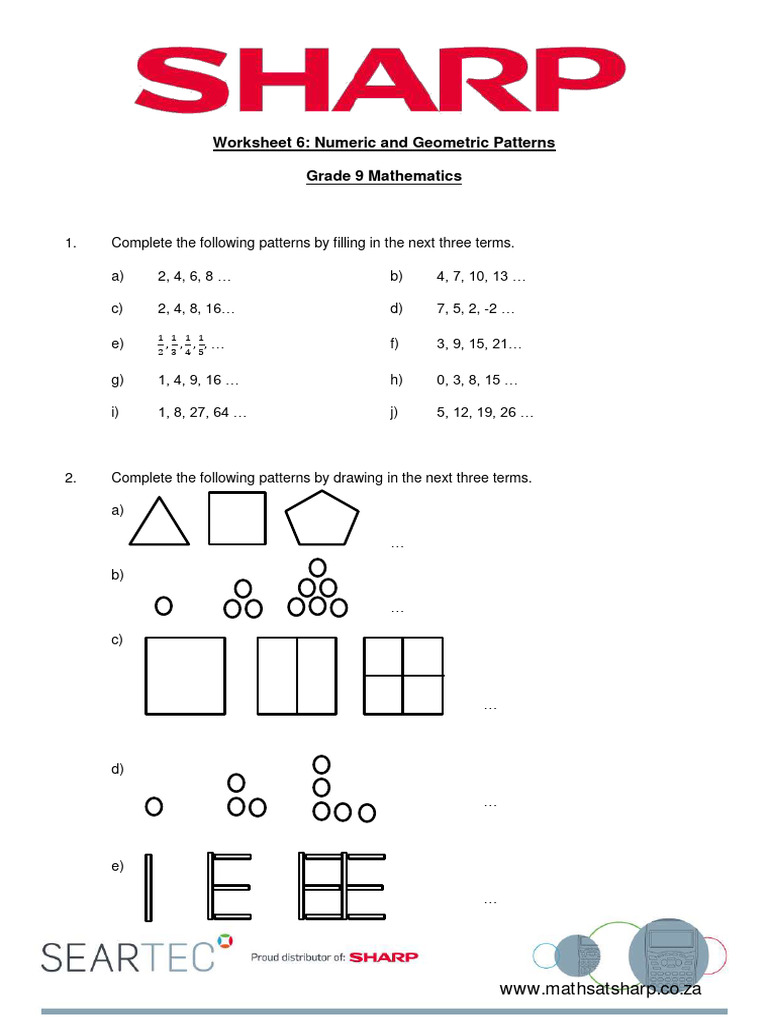 Worksheet 6 Numeric and Geometric Patterns Grade 9 Maths | PDF ... Worksheet 6 Numeric and Geometric Patterns Grade 9 Maths | PDF ...