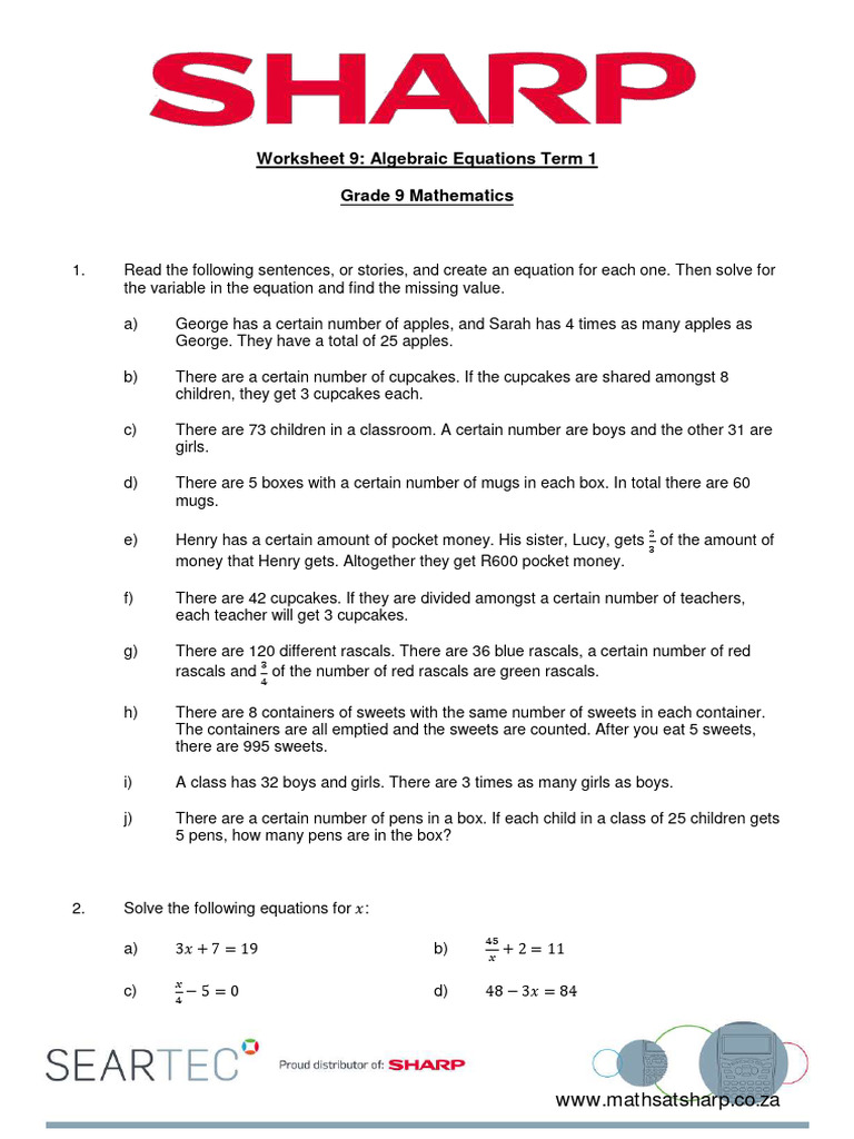 Worksheet 9 Algebraic Equations Term 1 Grade 9 Maths | PDF | Equations ...