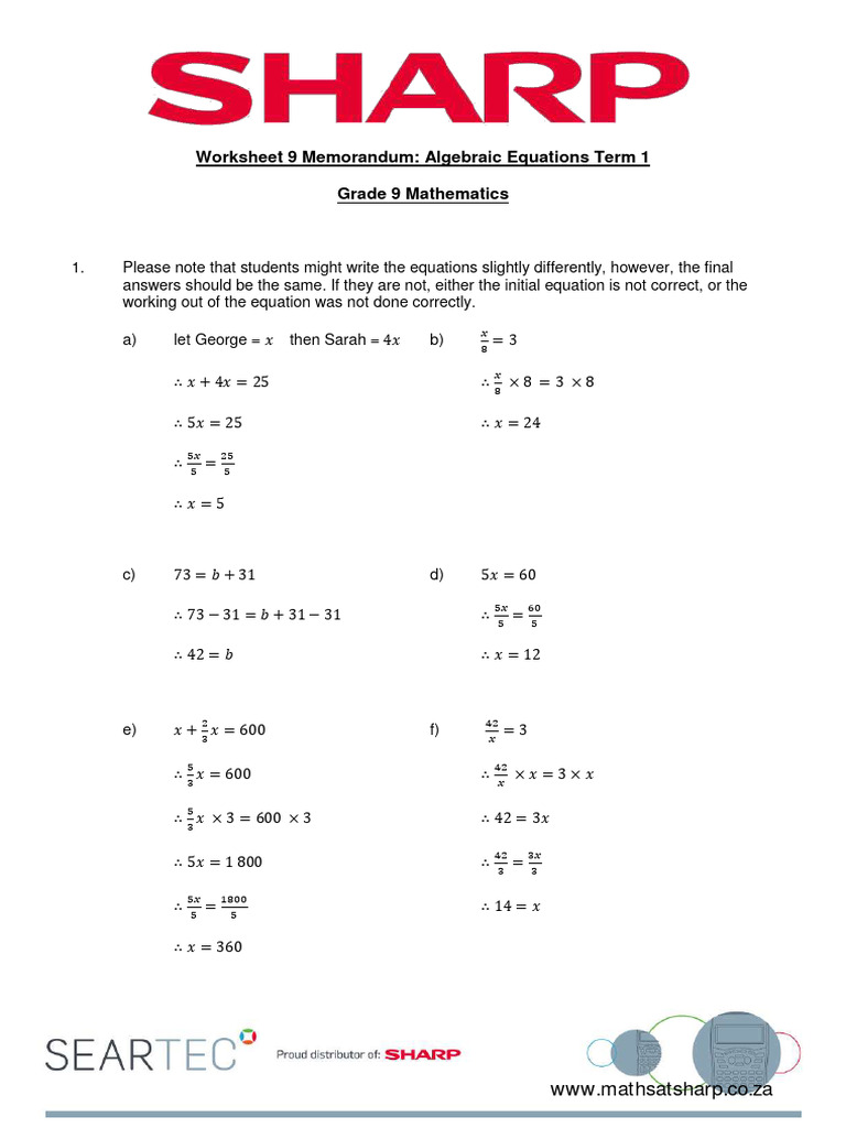 Worksheet 9 Memorandum Algebraic Equations Term 1 Grade 9 Maths | PDF