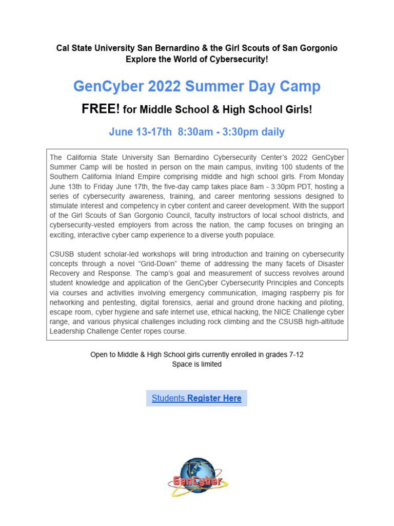 GenCyber 2022: Free Cybersecurity Camp for Girls | PDF | Computer ...