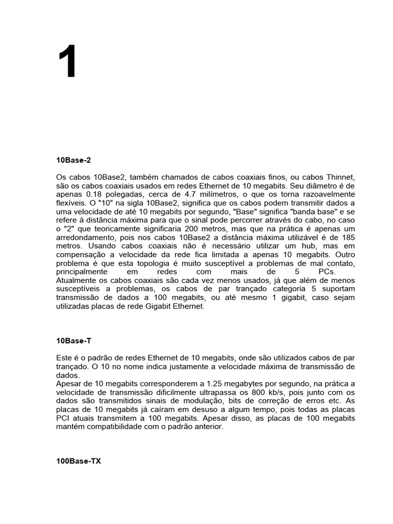 Cabos e Padrões Ethernet 10Base-2 e 10Base-T | PDF