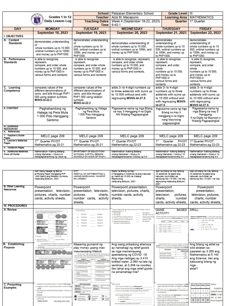 Dll-Mathematics-Q1-Week 4 | PDF | Cognition | Learning
