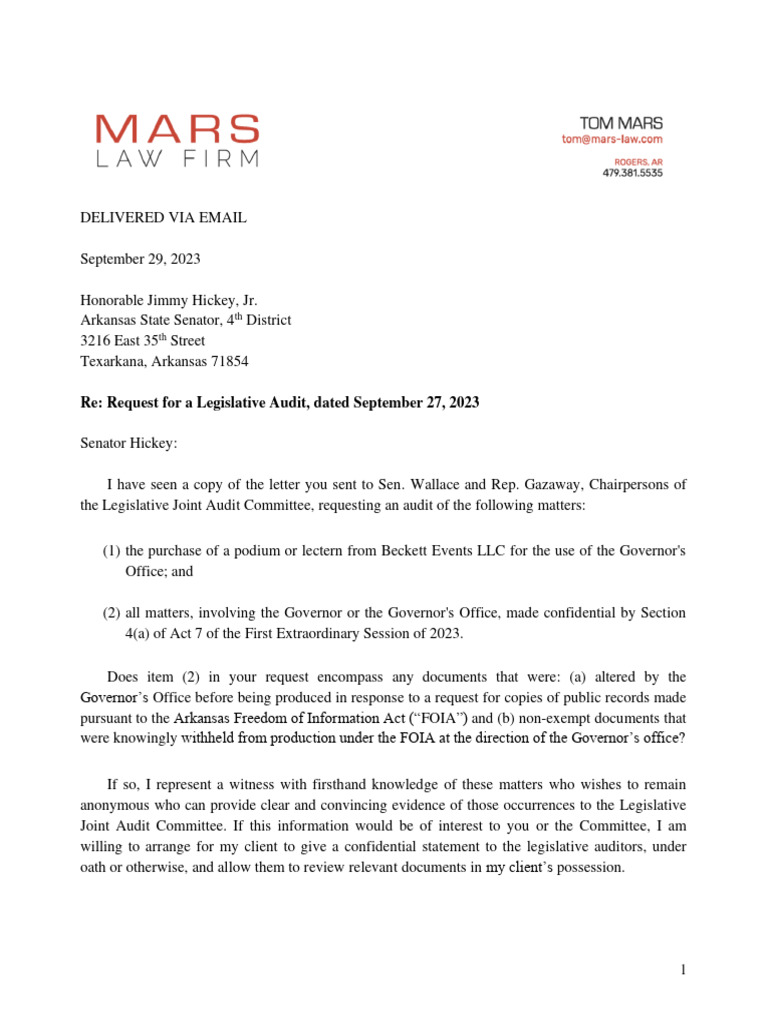 September 29, 2023 - Tom Mars Letter To Sen. Jimmy Hickey | PDF ...