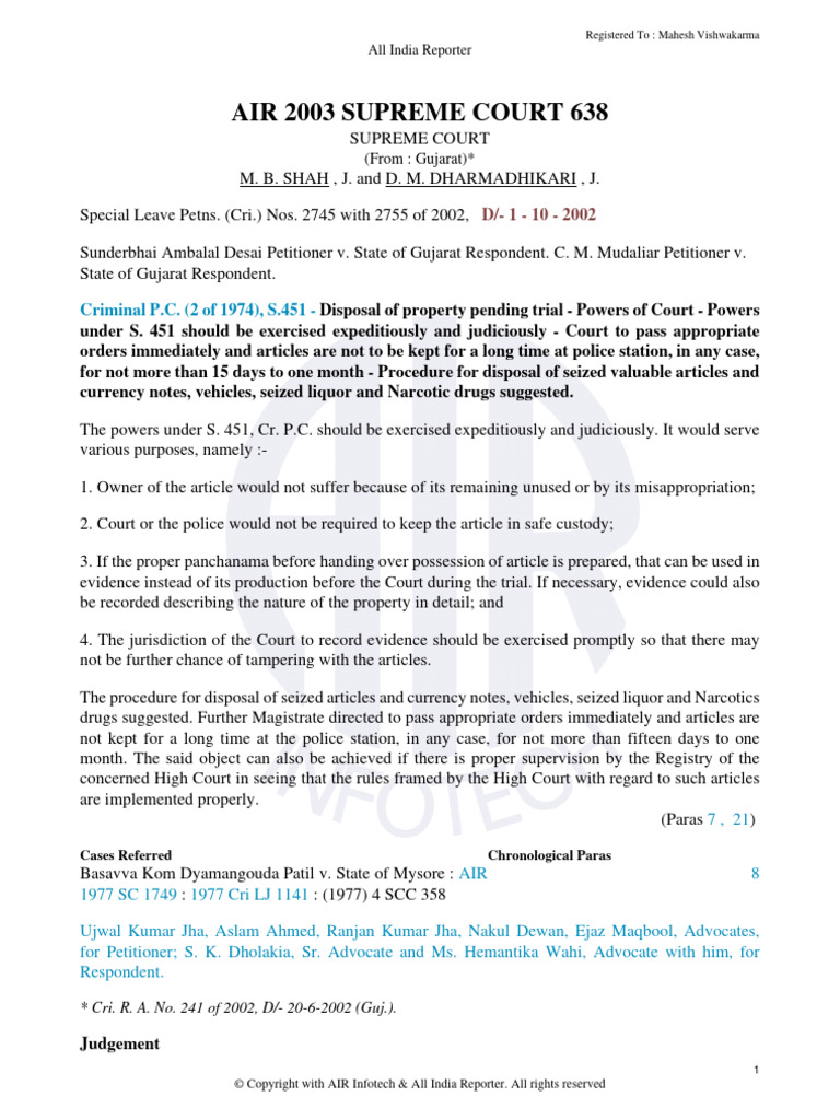 AIR 2003 SUPREME COURT 638 Elsy Matter | PDF | Property | Bail