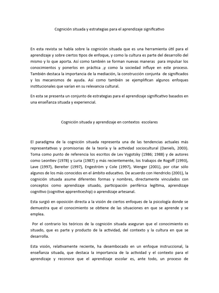 Cognición Situada y Estrategias para El Aprendizaje Significativo | PDF ... Cognición Situada y Estrategias para El Aprendizaje Significativo | PDF ...