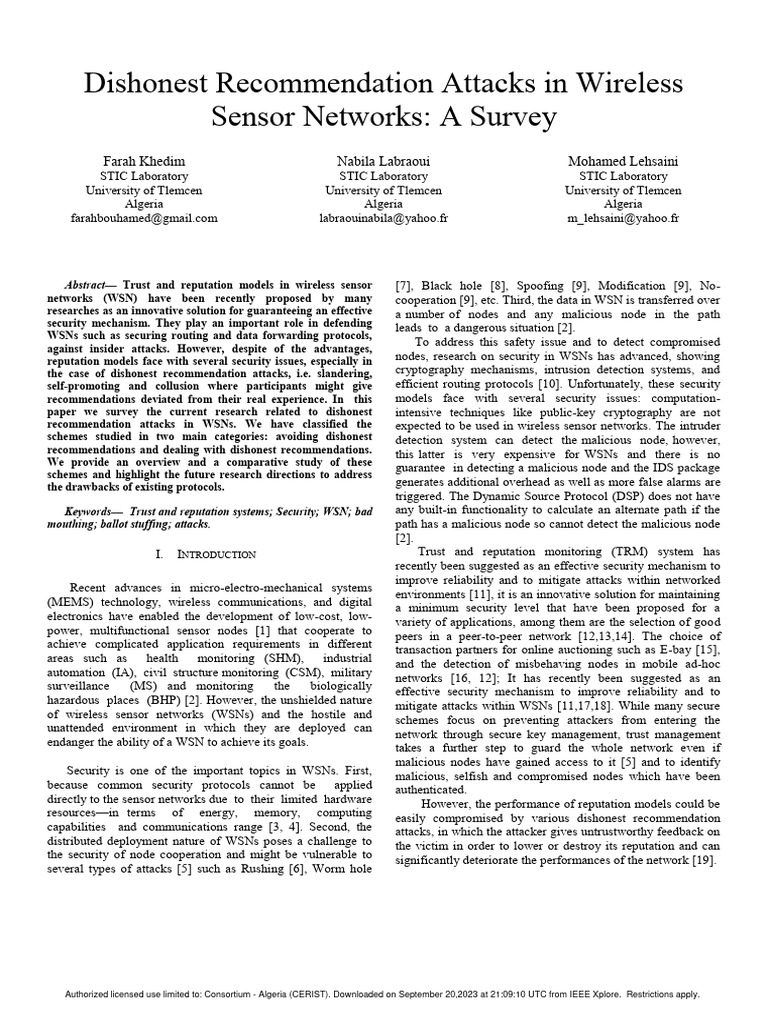 Dishonest Recommendation Attacks in Wireless Sensor Networks A Survey | PDF Dishonest Recommendation Attacks in Wireless Sensor Networks A Survey | PDF