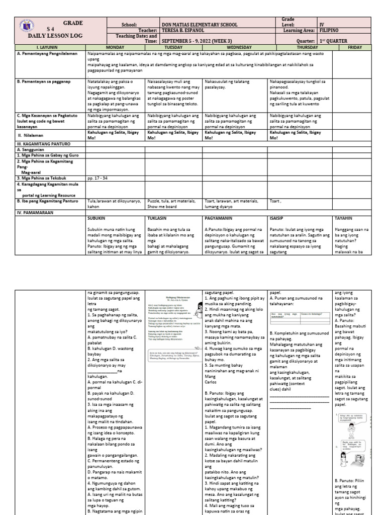 DLL - Filipino 4 - Q1 - W3 | PDF
