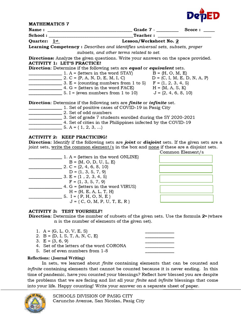 Math 7 Q1 DW2 | PDF | Set (Mathematics) | Logic