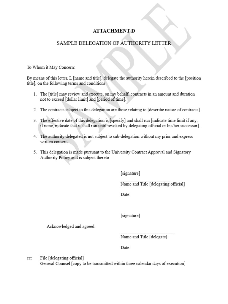 Attachment D Sample Delegation of Authority | PDF