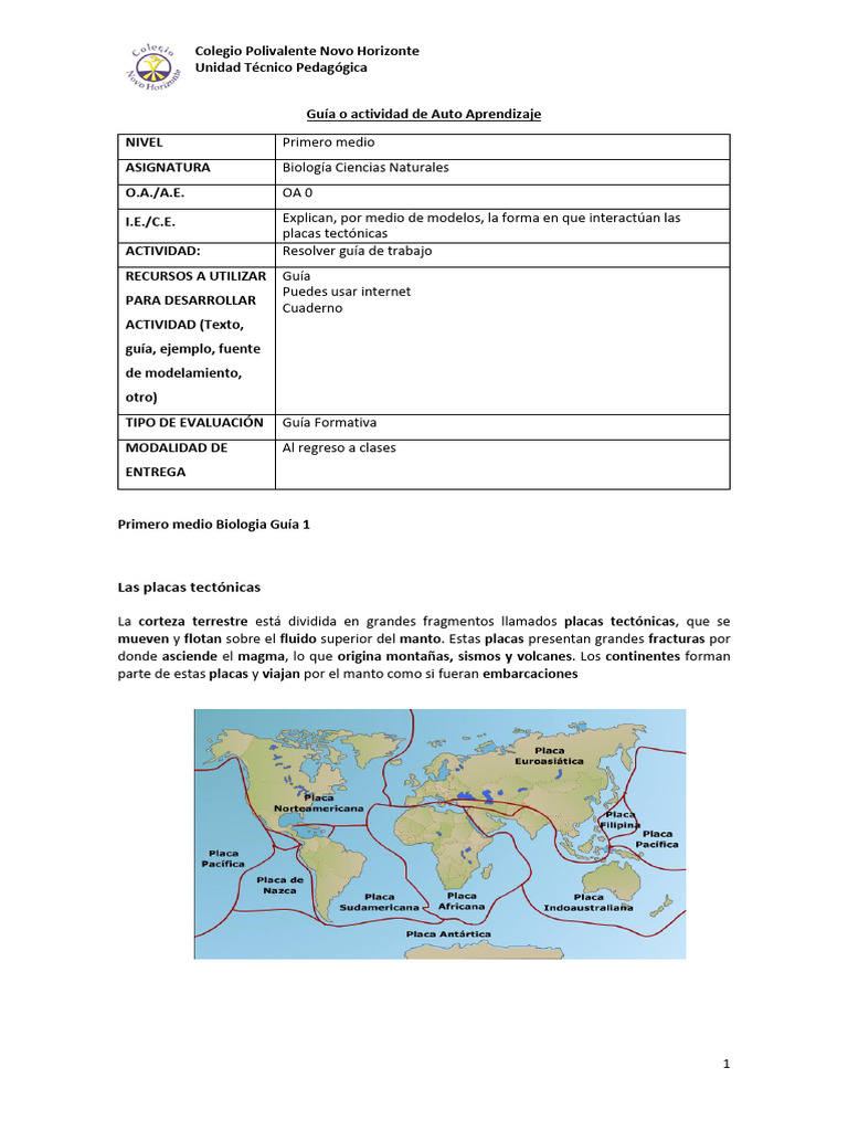 Guia 1 Biologia Primero Medio | PDF | Placas tectónicas | Temblores