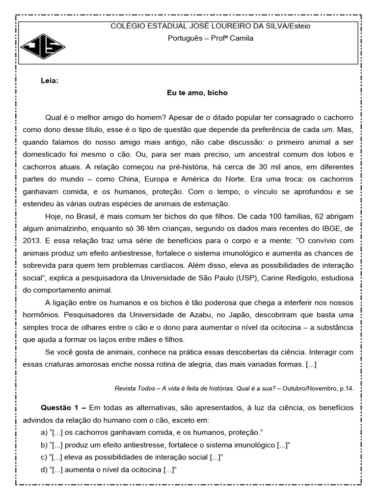 Atividade 1º Ano Interpretação Eu Te Amo, Bicho | PDF | Cães | Humano