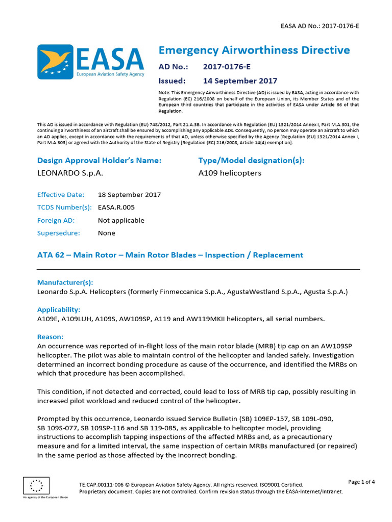 Easa Ead 2017-0176-E 1 | PDF | Transport | Aviation