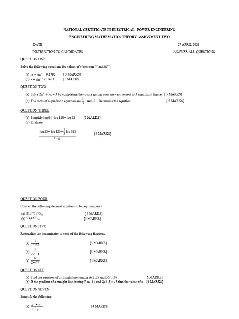 Electrical Engineering Math Assignment | PDF