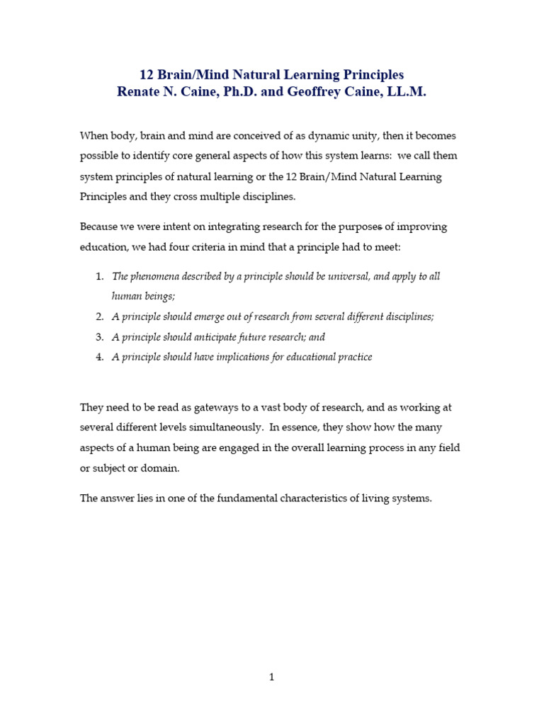 12 Brain Mind Natural Learning Principles | PDF | Mind | Emotions