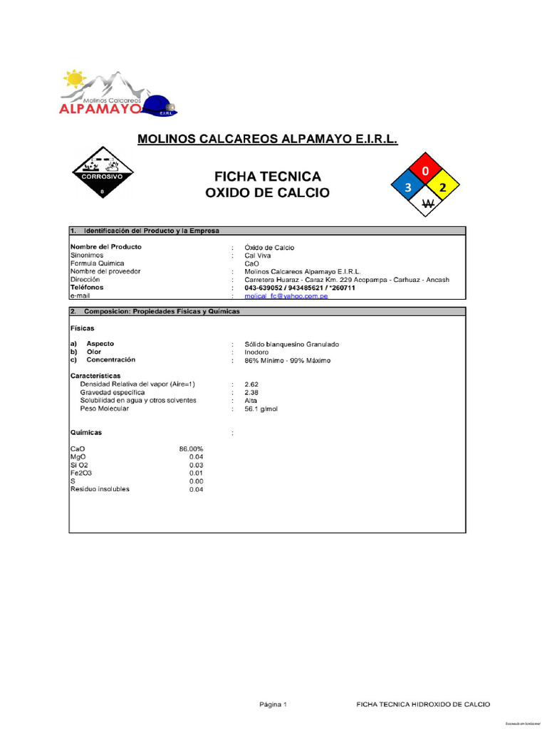 FICHA TECNICA OXIDO CALCIO | PDF