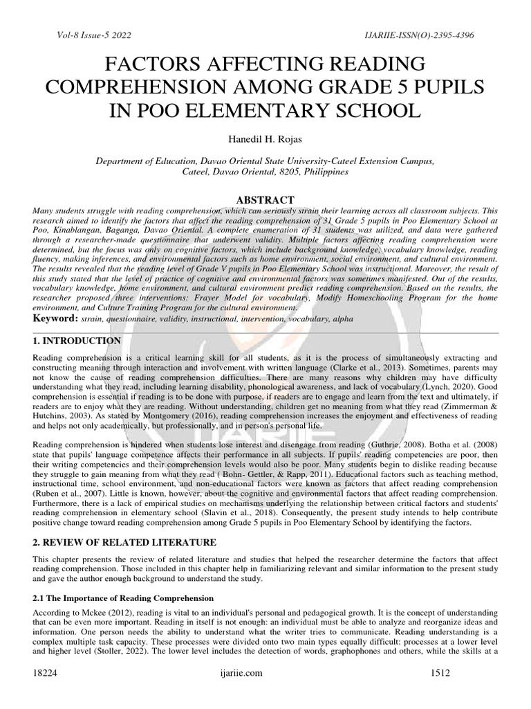 Factors Affecting Reading Comprehension Among Grade 5 Pupils in Poo ...