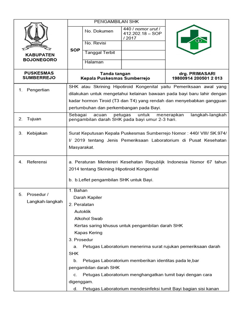 MASTER SOP Pengambilan. SHK | PDF