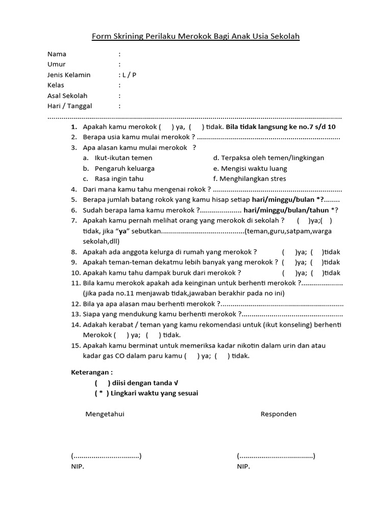 Form Skrining Perilaku Merokok Bagi Anak Usia Sekolah | PDF