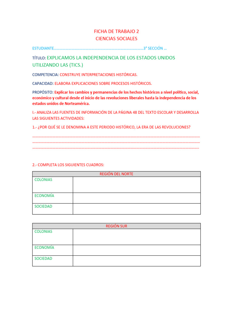 FICHA DE TRABAJO 02 LA INDEPENDENCIA DE ESTADOS UNIDOS (1) | PDF ...