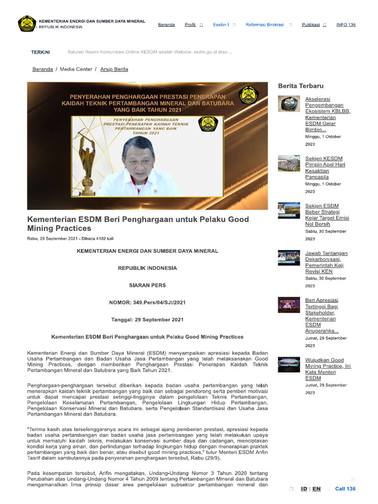 Berita - Kementrian ESDM Beri Penghargaan Untuk Pelaku Good Mining ...