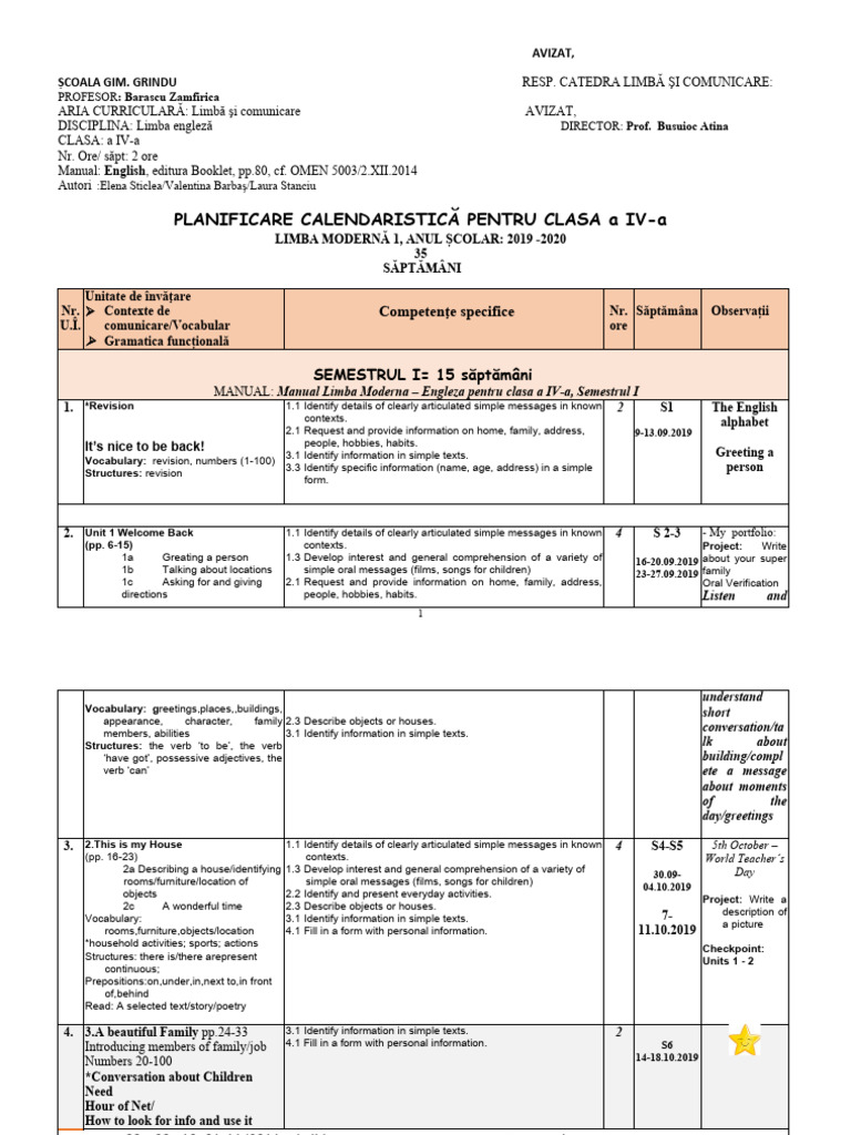 Planificare Clasa A IV A Booklet | PDF | Linguistics | Languages