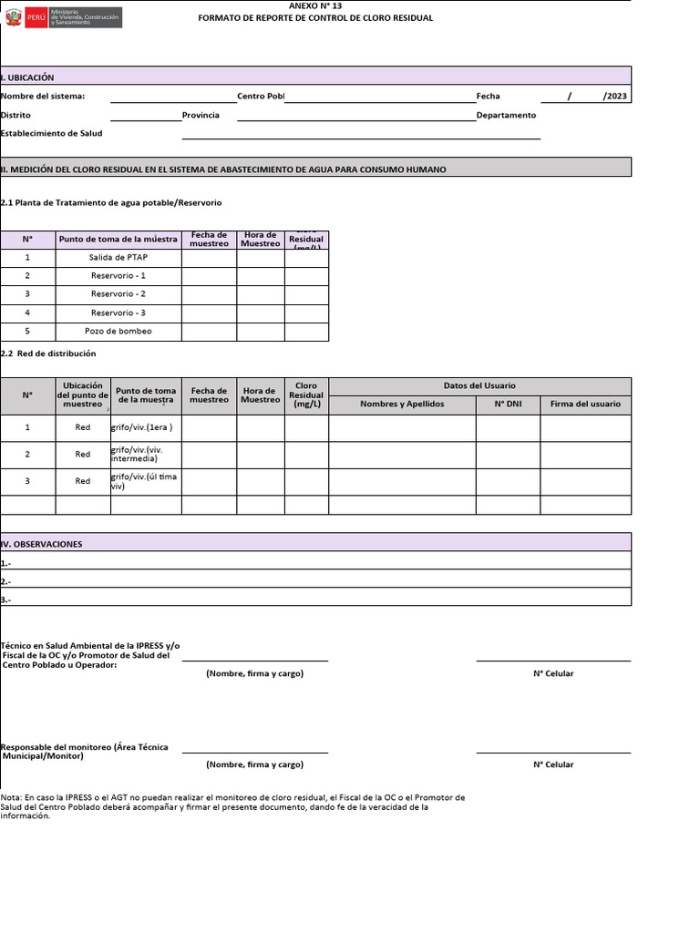 Anexo 13 - Formato de Monitoreo de Cloro Residual | PDF | Agua potable | Agua y política