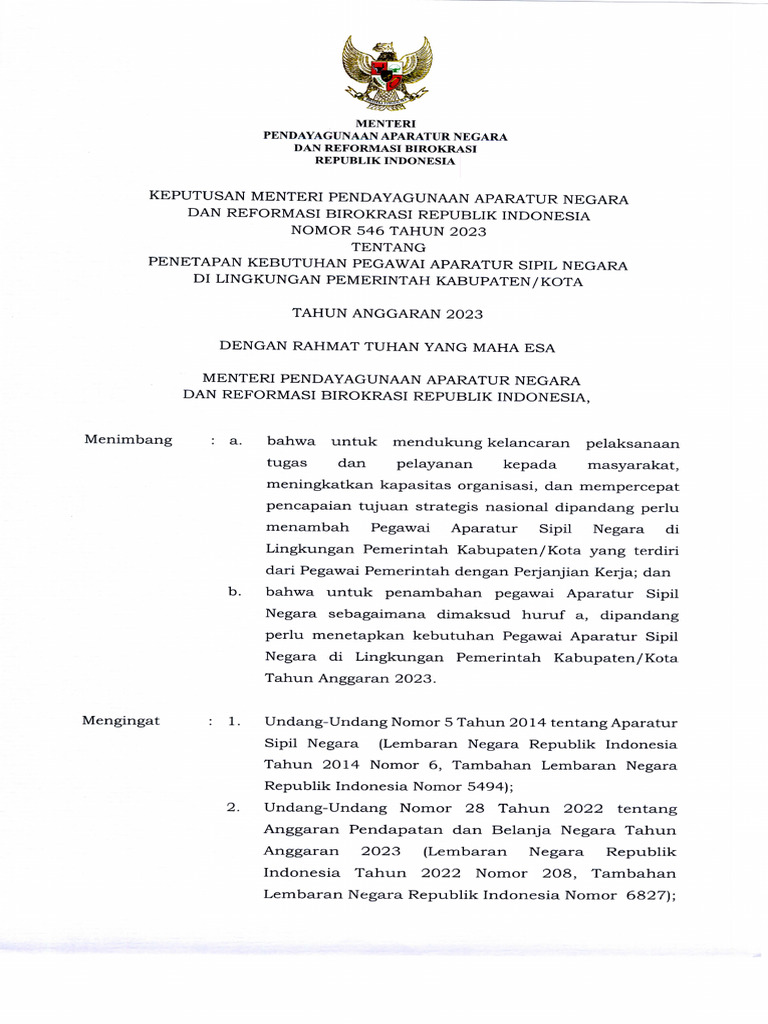 Keputusan Menpan RB Nomor 546 Tahun 2023 Tentang Penetapan Kebutuhan ...
