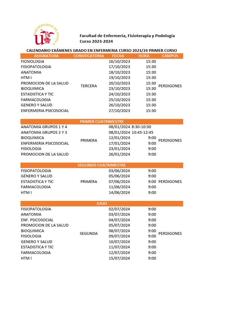 Calendario de Exámenes Grado en Enfermería curso 2023-2024 | PDF | Especialidades Medicas ...