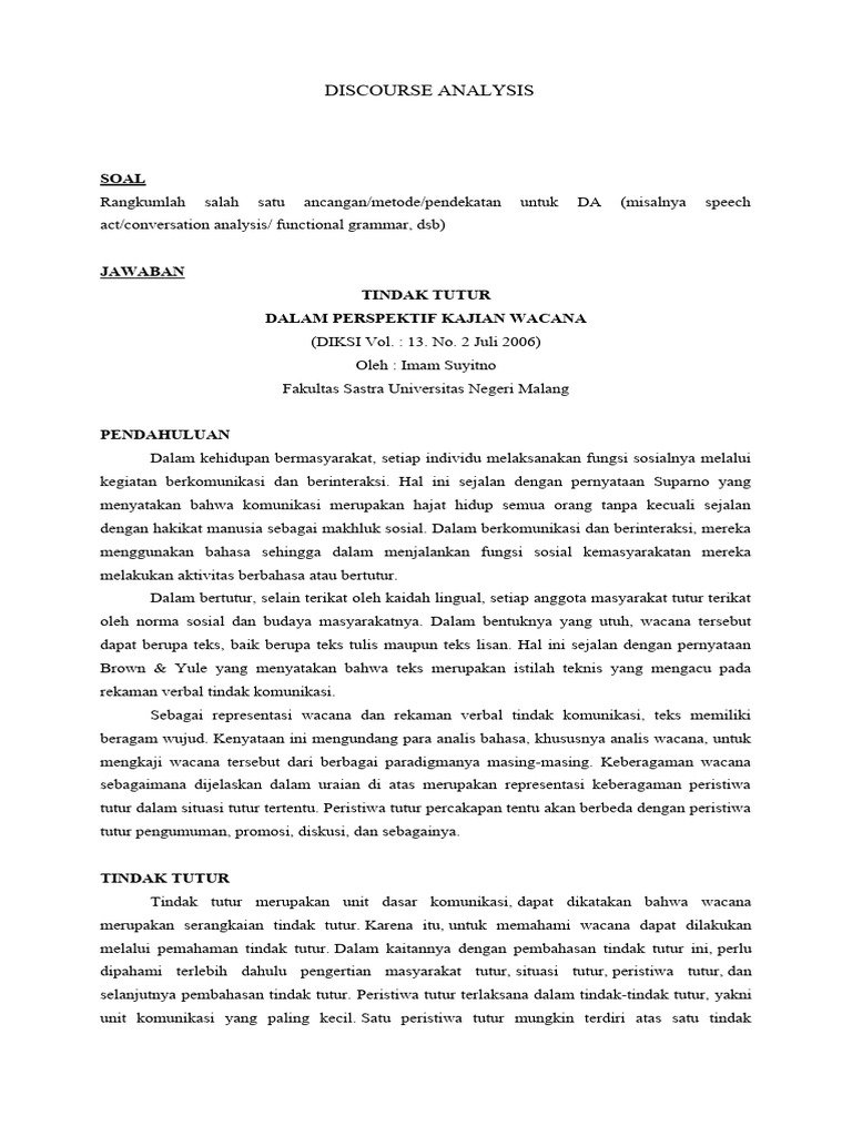Analisis Dengan Pendekatan Discourse Analysis (Speech Act, Conversation Analysis DLL) | PDF