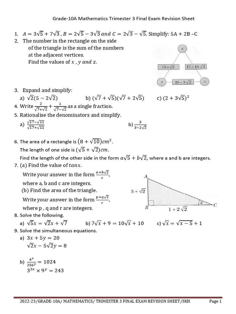 Grade-10A Trimester-3 Final Exam Revision Sheet | PDF | Factorization | Mathematical Concepts