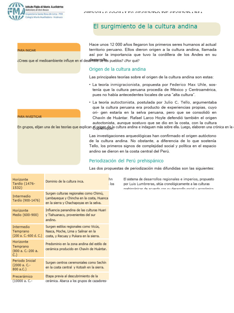 Surgimiento de La Cultura Andina | PDF | Era precolombina | Andes