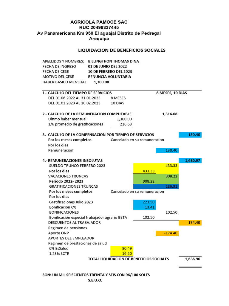 Liquidacion Beneficios Sociales | PDF