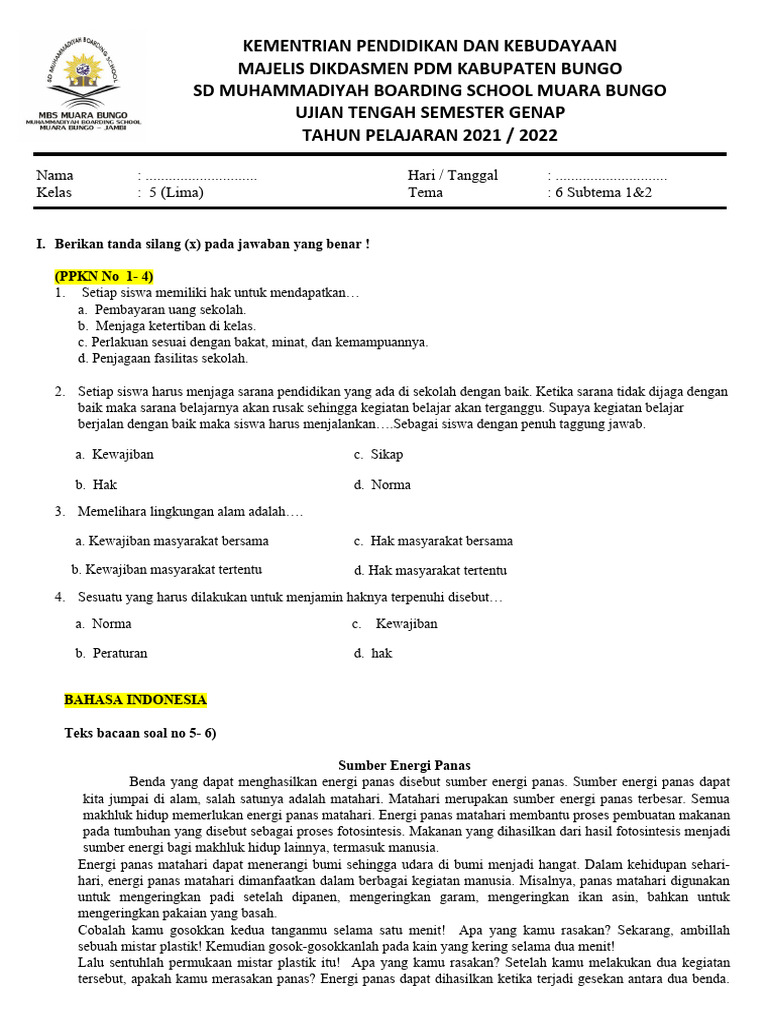 Soal PTS Kelas 5 Tema 6 Sub 1 Dan 2 | PDF