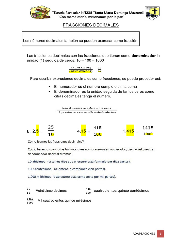 Fracciones Decimales | PDF | Enseñanza de matemática | Procesamiento de ...