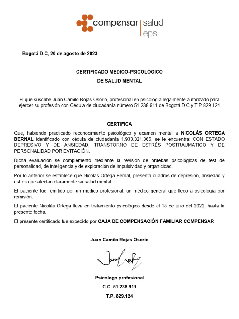CERTIFICADO PSICOLOGÍA-1 | PDF
