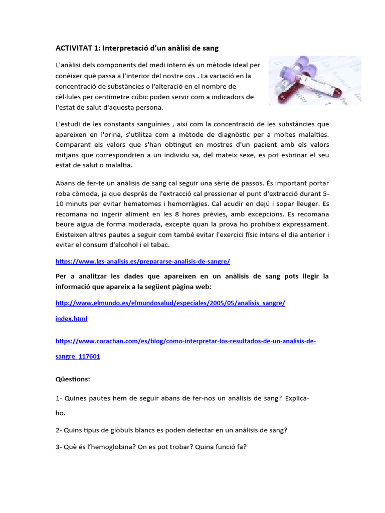 Activitat 1 Interpretació Dun Anàlisi de Sang | PDF