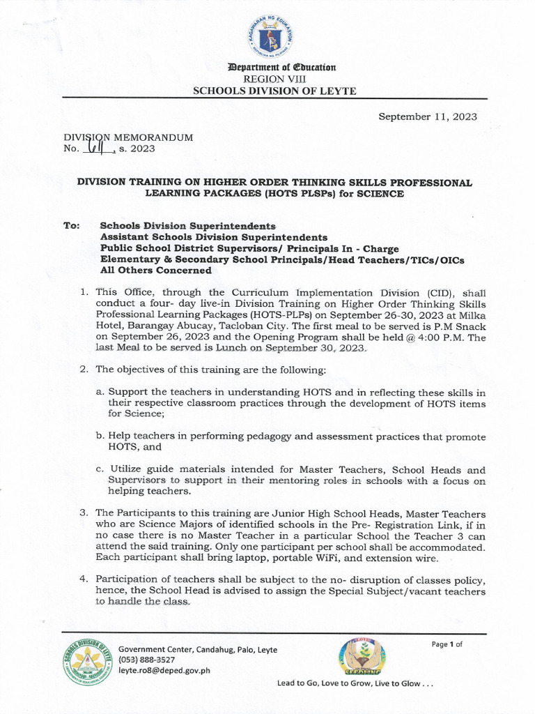 DM No. 611, S. 2023 Division Training On Higher Order Thinking Skills ...