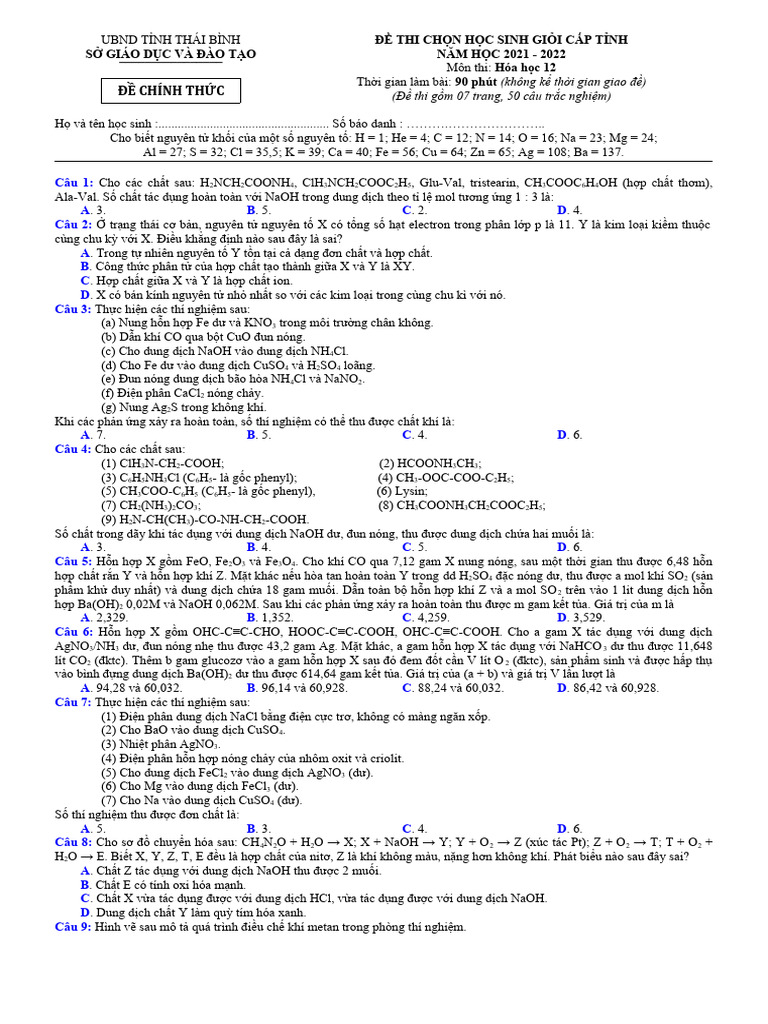 HSG 12 Thái Bình Năm 2021 - 2022 | PDF