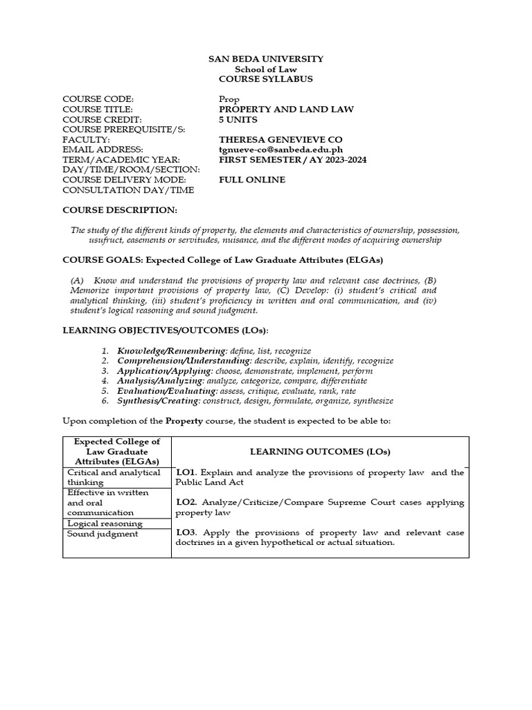 Property and Land Law Syllabus 2023 2024 | Download Free PDF ...