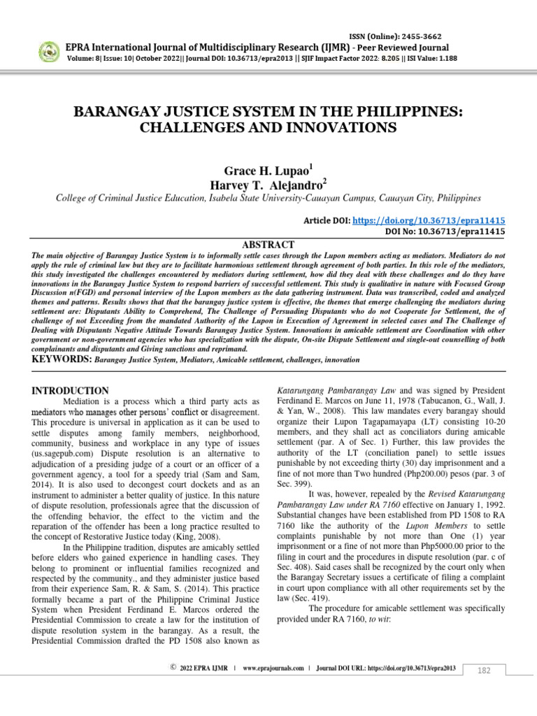 Barangay Justice System: Challenges & Innovations | PDF | Mediation ...