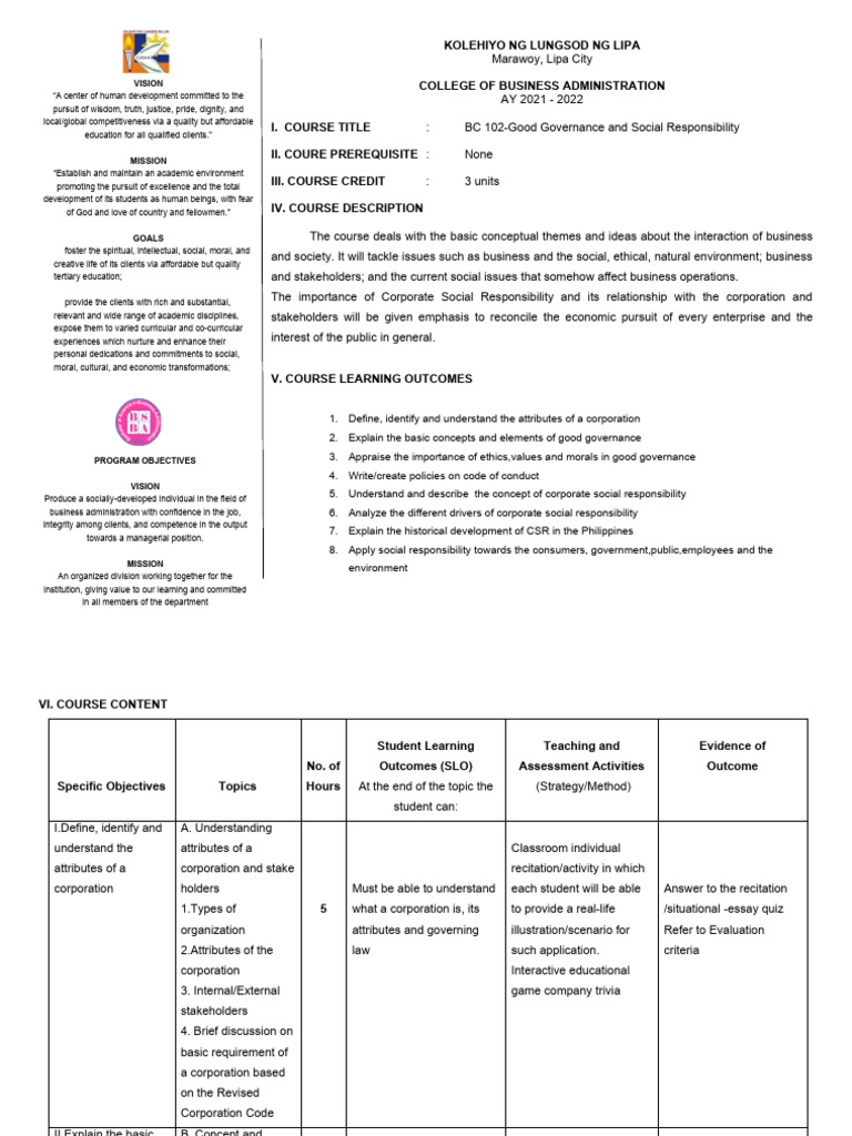 BC 102 - Good Governance and Social Responsibility - Syllabus | PDF | Evaluation | Governance
