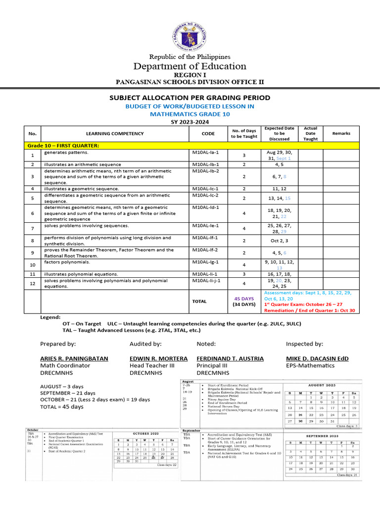 BOW - Budgeted Lesson - G10 Math - SY 2023 2024 - 1st QTR | PDF ...