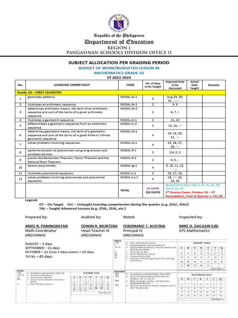 Grade 10 Math Lesson Plan 2023-2024 | PDF | Polynomial | Sequence