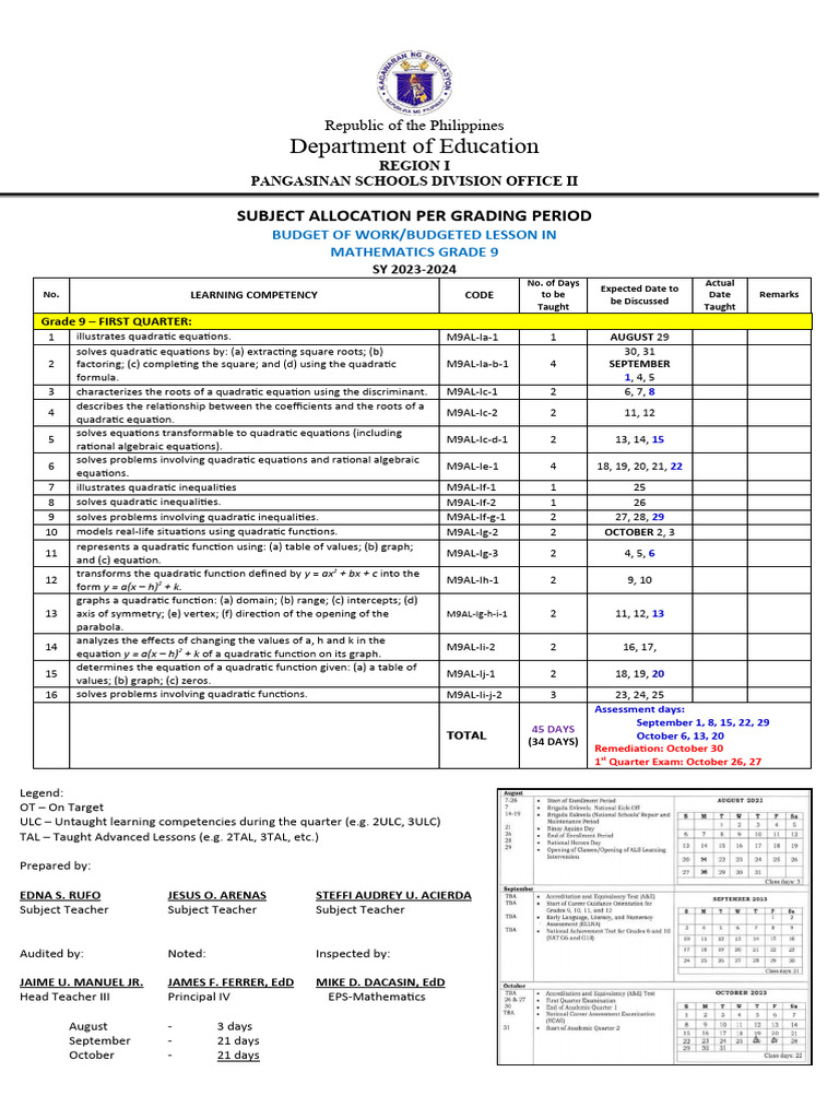 BOW - Budgeted Lesson - G9 Math - SY 2023 2024 - 1st 4th QTR | PDF ...