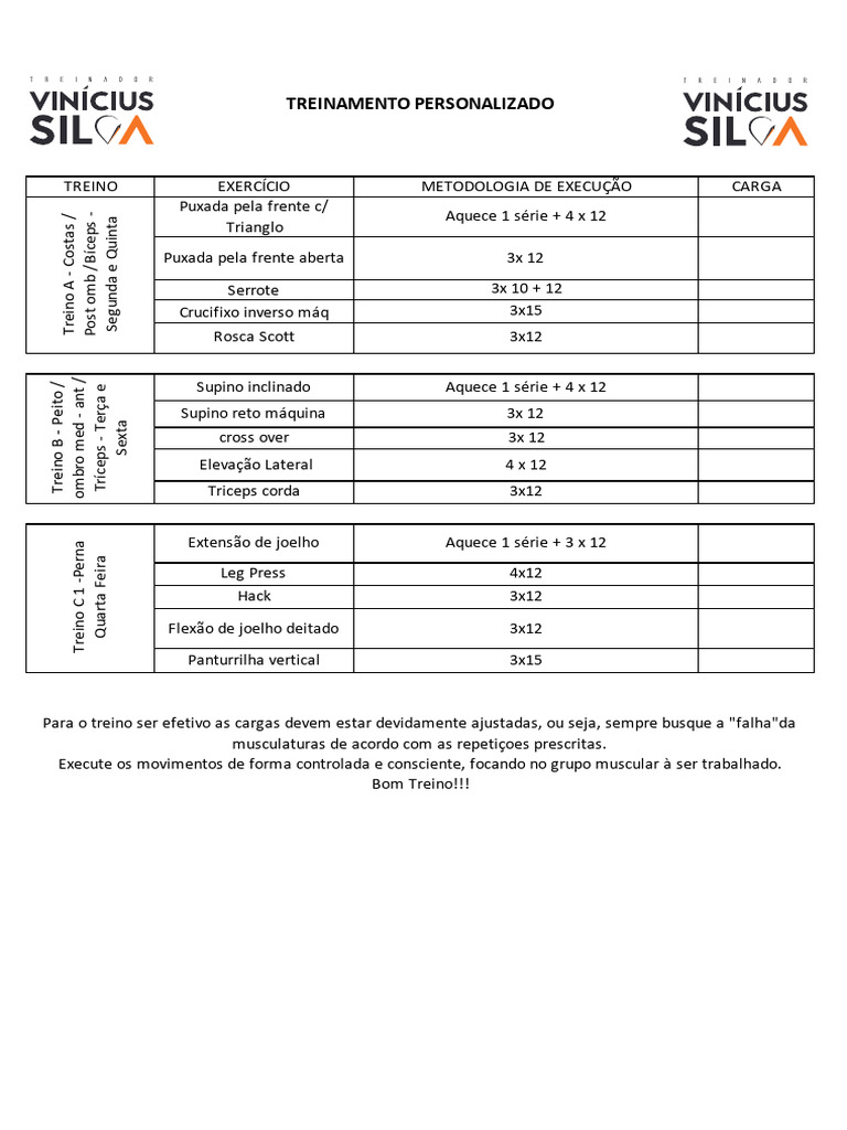 Planilha De Treino Abc Masculino Pdf