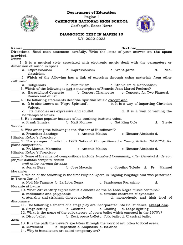 DIAGNOSTIC TEST in MAPEH 10 final | PDF