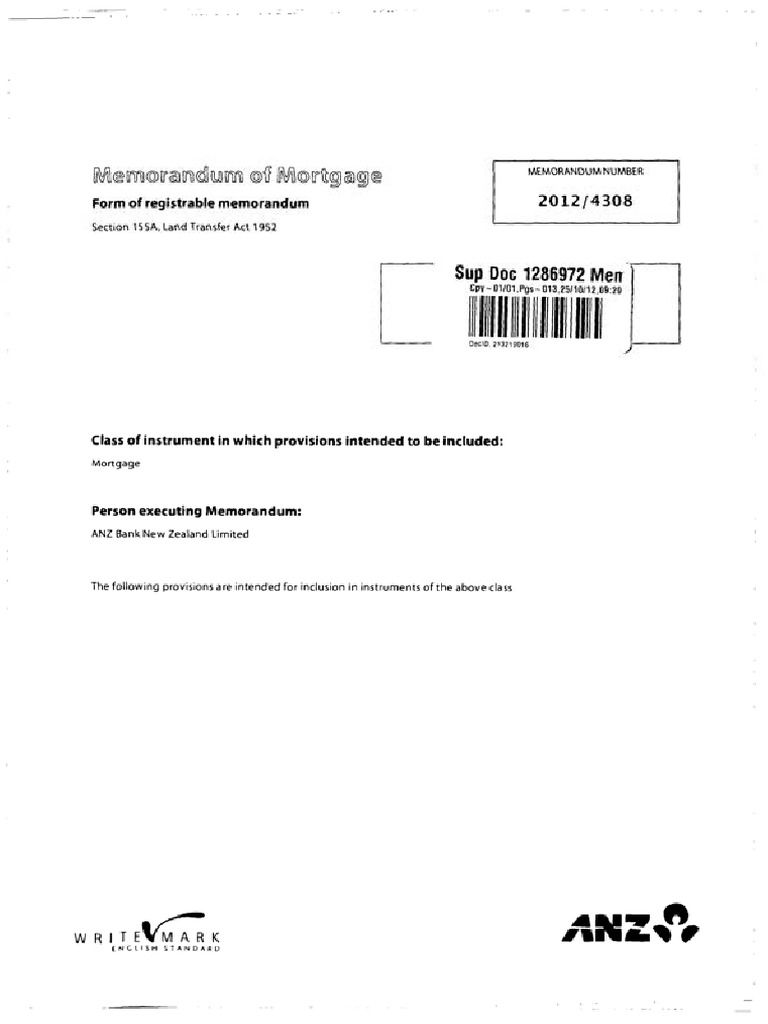 2012-4308 - ANZ Memorandum of Mortgage-Compressed - 1 | PDF